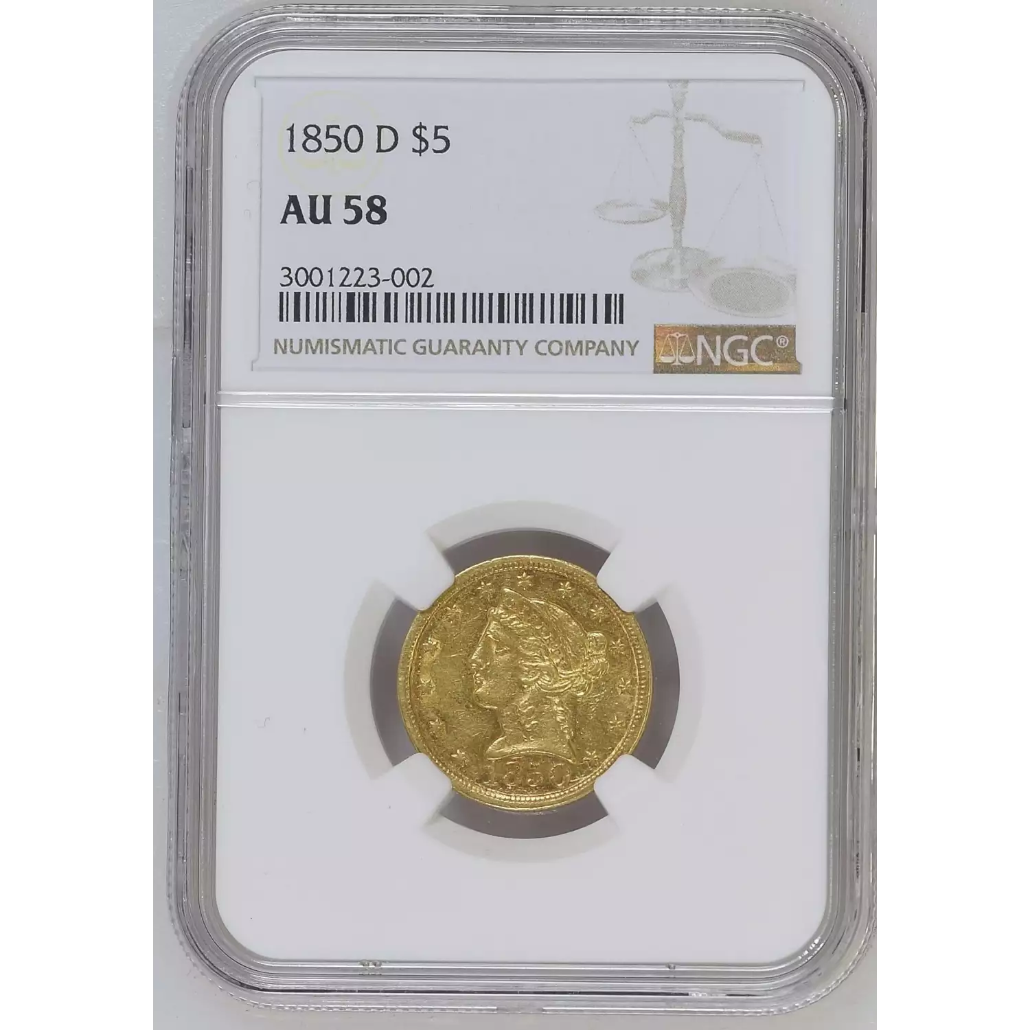 1850-D Gold Half Eagles Liberty Head NGC AU-58 - Hyatt Coins