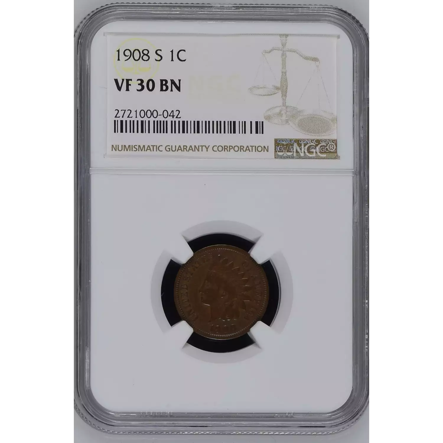 1908-S Small Cents Indian Head NGC VF-30 BN - Hyatt Coins