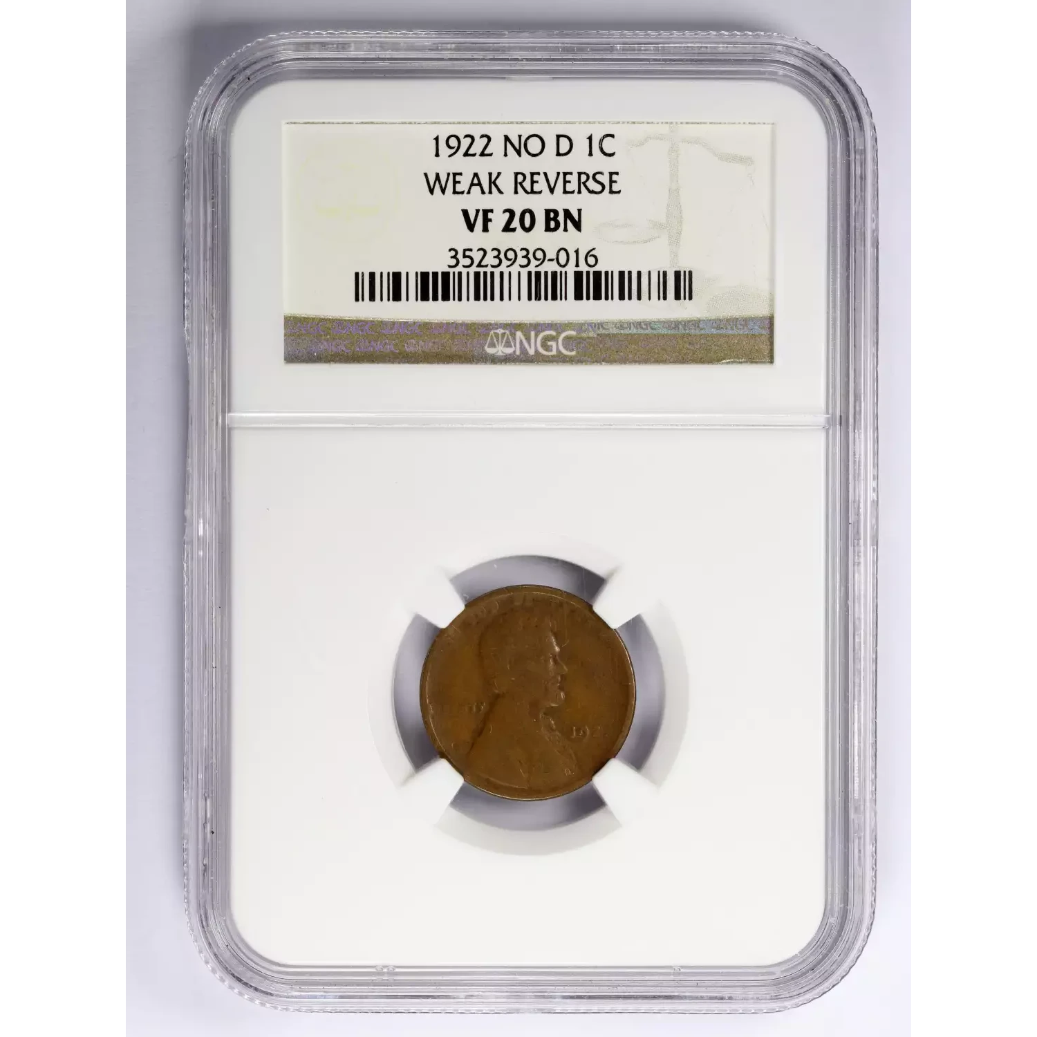 1922 Small Cents Lincoln, Wheat Ears Reverse NGC VF-20 BN No D Weak ...